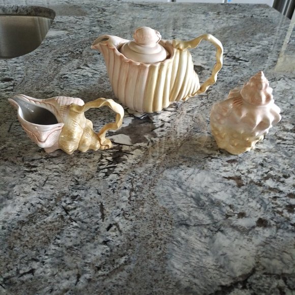 Dining | Ceramic Seashell Tea Set W Teapot Creamer Sugar | Poshmark